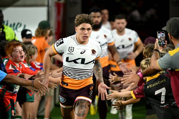 NRL RABBITOHS BRONCOS, Reece Walsh of the Broncos does a backflip to ...