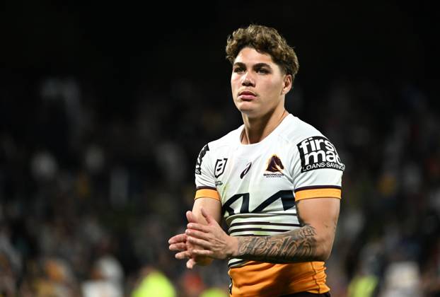 NRL RABBITOHS BRONCOS, Reece Walsh of the Broncos does a backflip to ...