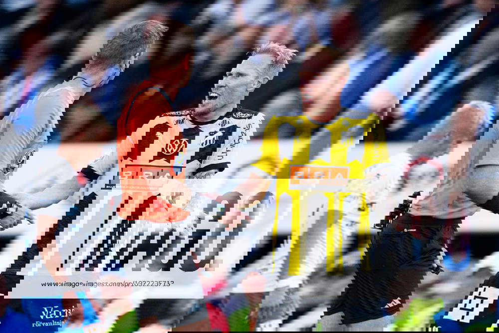 230722 Häckens Mikkel Rygaard Jensen reacts against referee Richard ...