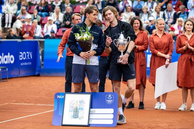 Casper Ruud, Norway, and Andrey Rublev, Russia, during day 7 of the ATP Nordea Open on in Bastad