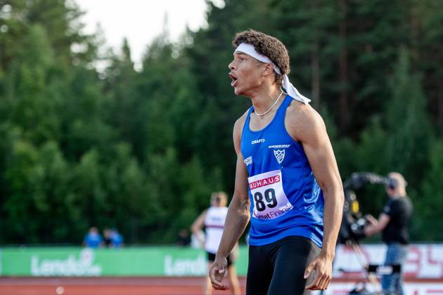 Isak Hughes, IFK Växjö, celebrates after competing in the mens 100m ...