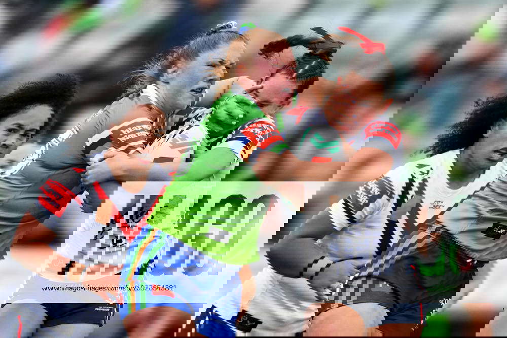 NRLW RAIDERS ROOSTERS, Grace Kemp of the Raiders is tackled by Shawden ...