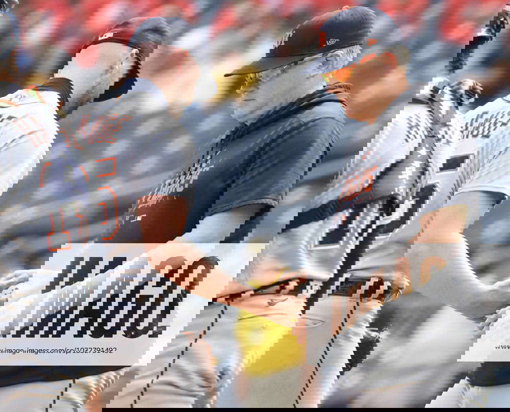 Detroit Tigers manager A.J. Hinch takes the baseball from Detroit ...