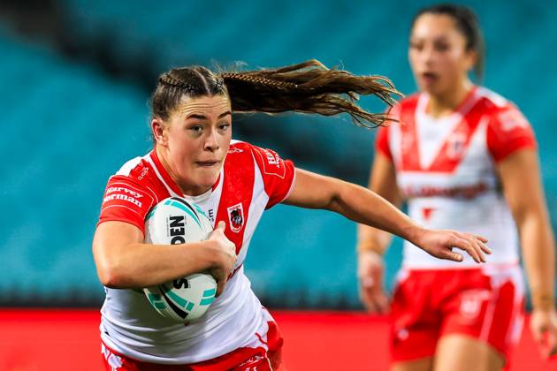 NRLW ROOSTERS DRAGONS, Keele Browne of the Dragons is tackled during ...