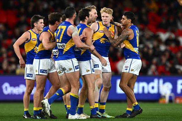 AFL BOMBERS EAGLES, Ryan Maric of West Coast celebrates scoring a goal ...