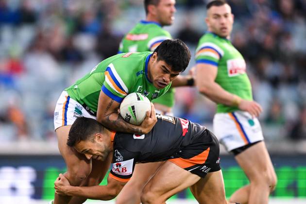 NRL RAIDERS TIGERS, Matthew Timoko of the Raiders celebrates with team ...