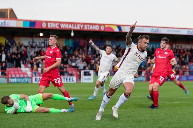 Alex Pattison of Bradford City celebrates putting Bradford ahead during ...