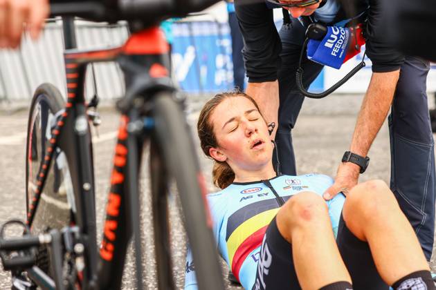 Belgian Luca Vierstraete is exhausted after finishing her ride at the ...