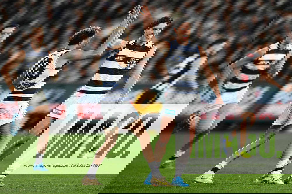 AFL MAGPIES CATS, Oliver Henry of Geelong celebrates scoring a goal ...