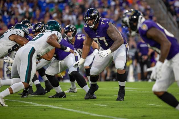 BALTIMORE, MD - AUGUST 12: Baltimore Ravens offensive tackle David ...