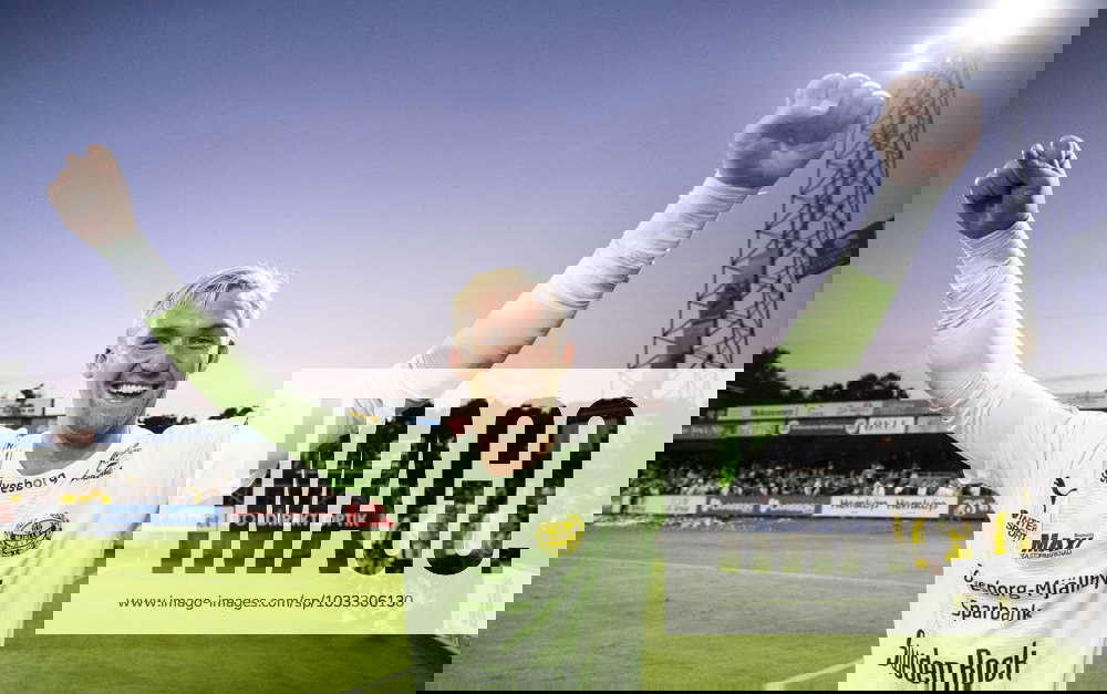 HÄLLEVIK 20230814 Mjällbys goalkeeper Noel Törnqvist celebrates after ...