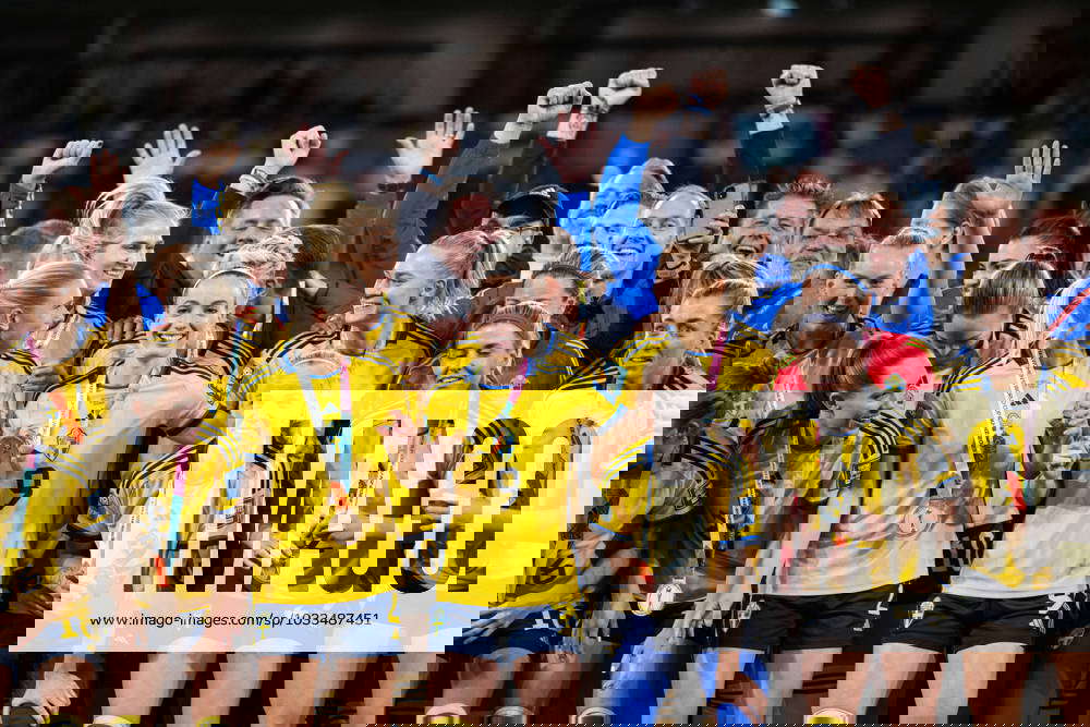 230819 Players of Sweden celebrate with their bronze medals after the ...