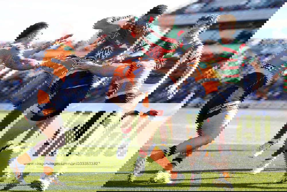 NRL KNIGHTS RABBITOHS, Taane Milne of the Rabbitohs is tackled during ...