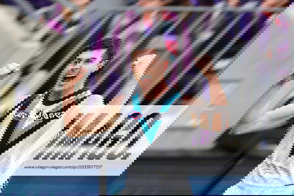 AFL DOCKERS POWER, Darcy Byrne-Jones of the Power celebrates after ...