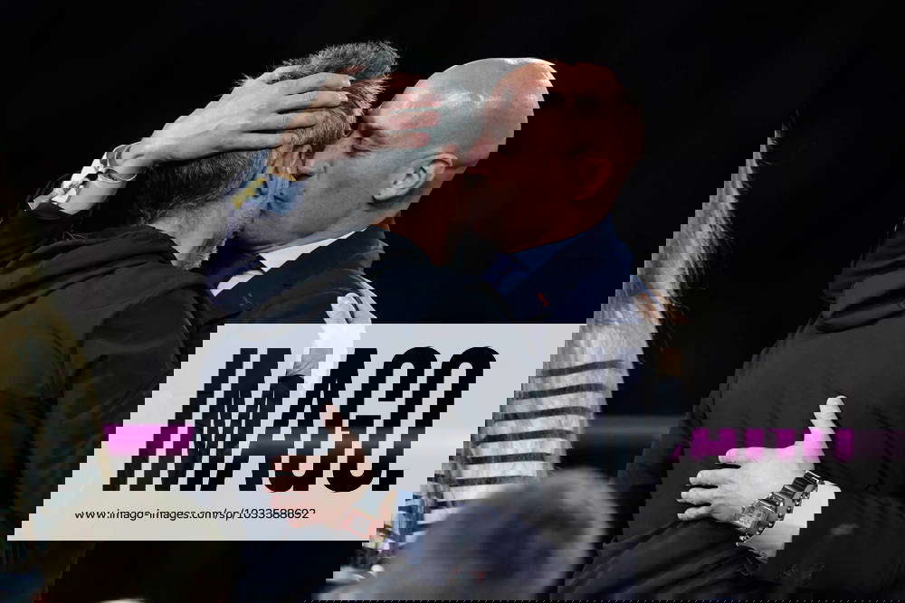 Jorge Vilda Head Coach of Spain is kissed by Luis Rubiales President of ...