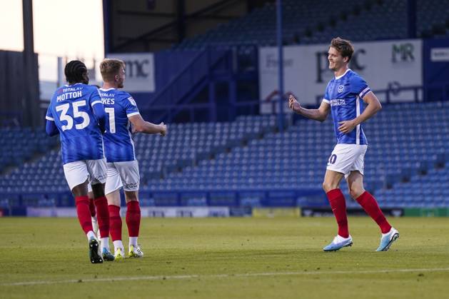 Portsmouth v Fulham EFL Trophy 22 08 2023. Goal, Portsmouth defender ...