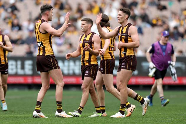 AFL HAWKS DOCKERS, Jacob Koschitzke of the Hawks celebrates a goal ...