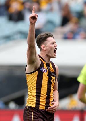 AFL HAWKS DOCKERS, Jacob Koschitzke of the Hawks celebrates a goal ...