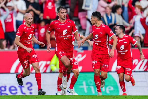BERGEN - Fredrik Knudsen of SK Brann scores the 1-2 during the UEFA Conference League play-offs