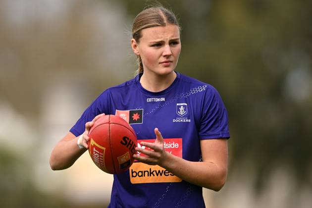 AFLW MAGPIES DOCKERS, Madeleine Scanlon of the Dockers warms up ahead ...
