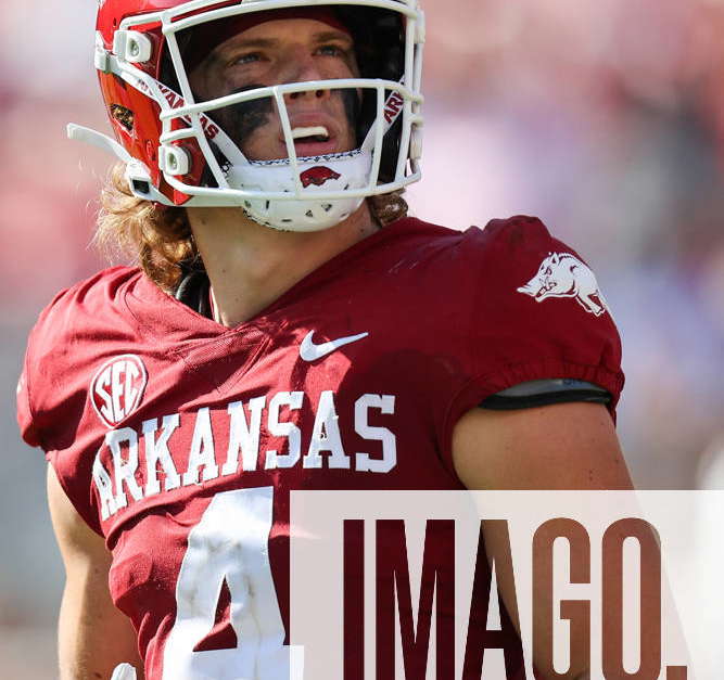 September 9, 2023: Arkansas wide receiver Isaac TeSlaa 4 glances up ...