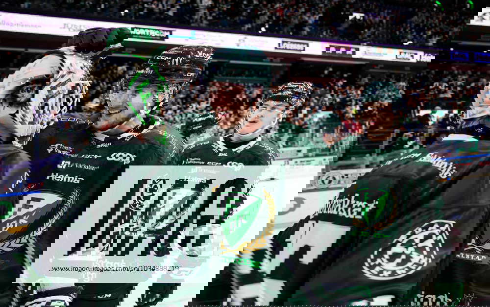 230914 Färjestads goalkeeper Carl Lindbom and Jeremy Salvas Groleau ...