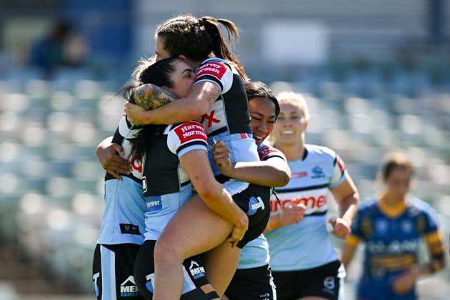 NRLW EELS SHARKS, Georgia Ravics of the Sharks celebrates with team ...