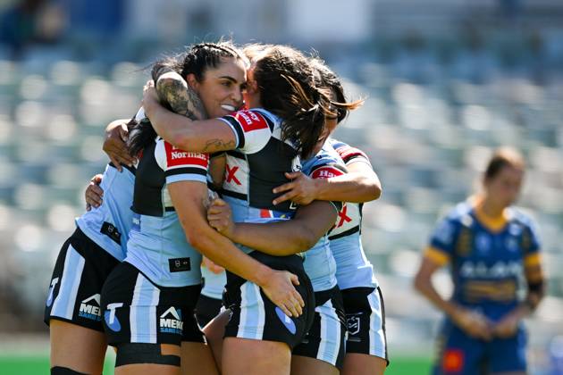 NRLW EELS SHARKS, Georgia Ravics of the Sharks celebrates with team ...