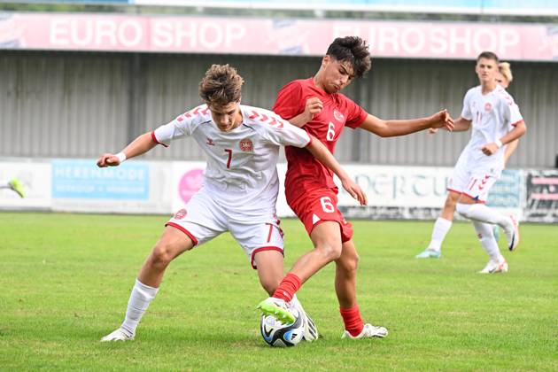 TURKEY U16 vs DENMARK U16 Jacob Ambaek of Denmark battles for the ball ...