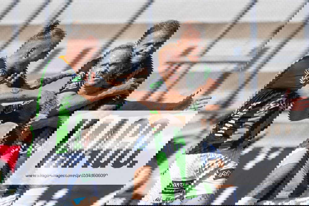 GAIS goalscorer Viktor Kruger celebrates with Jonas Lindberg and Gustav ...