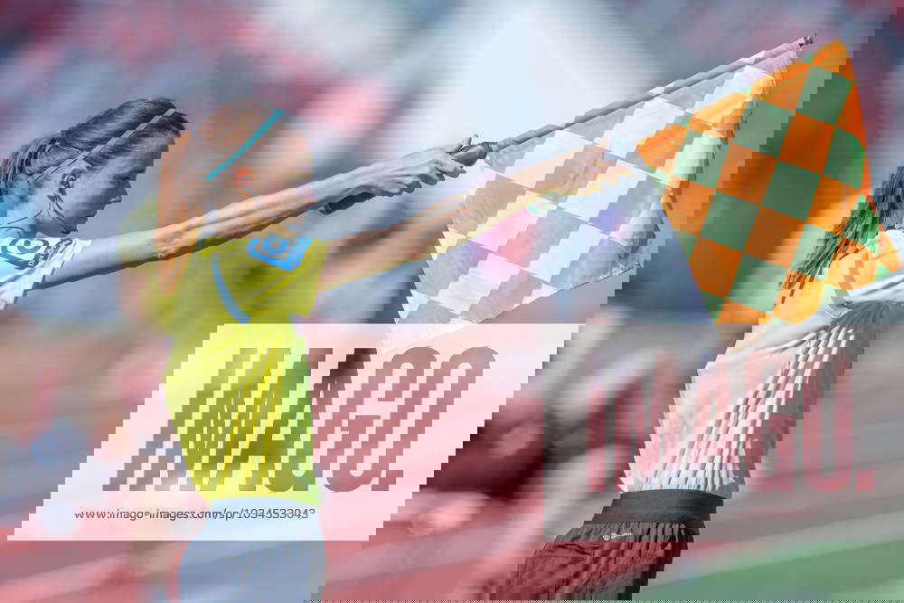 Lineswoman, assistant referee Daniela Göttlinger indicates offside ...