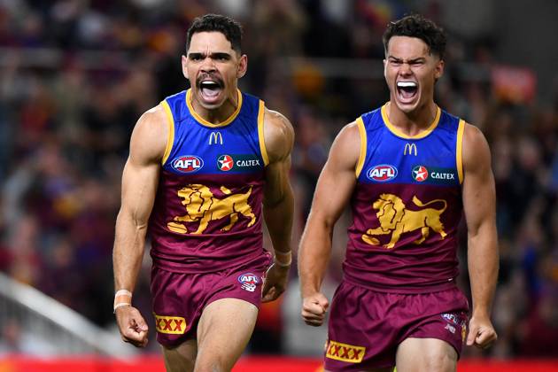 AFL LIONS BLUES, Charlie Cameron and Cam Rayner of the Lions celebrate ...