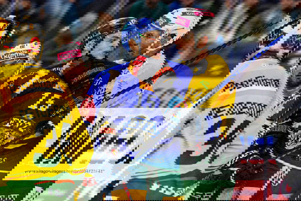 Patrik Nemeth 5 SC Bern grabs Gregory Hofmann 15 EV Zug by the throat ...