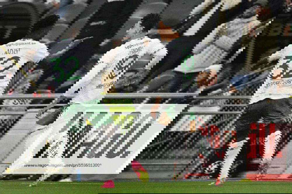 STOCKHOLM 20231001 Hammarbys Jusef Erabi th celebrates with Nathaniel ...