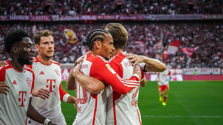Goal celebration Leroy SANE Bayern Muenchen with Harry KANE Bayern ...
