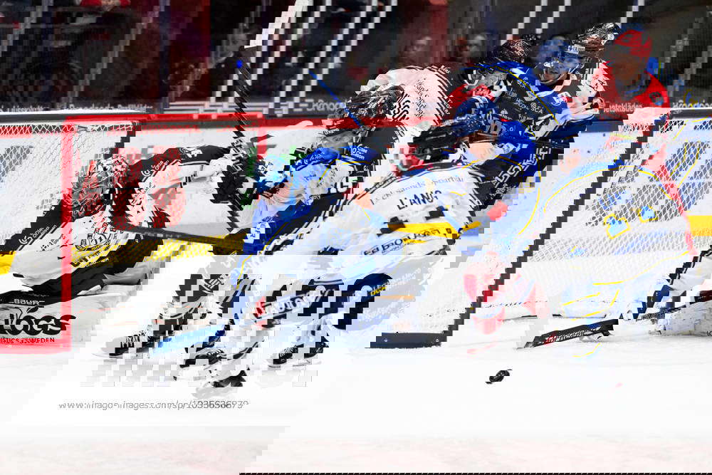 231014 Leksands goalie Filip Larsson during the SHL ice hockey match between Timra and Leksand on