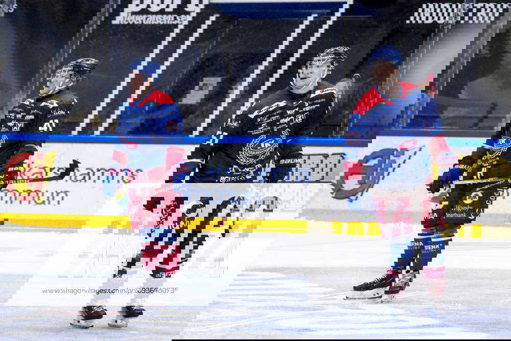 IK Oskarshamns Johan Johnsson and Alexander Anderberg dip during the SHL ice hockey match between