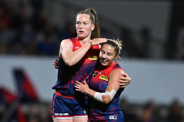AFLW DEMONS KANGAROOS, Eden Zanker of the Demons reacts after kicking a ...