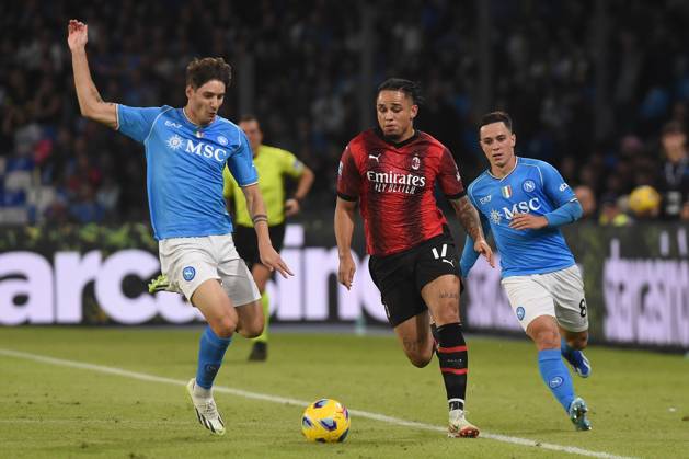 Noah Okafor of AC Milan competes for the ball with Giacomo Raspadori of ...