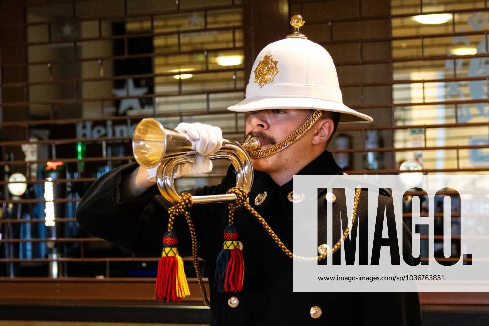 Exeter Chiefs Official Team Photocall 2023 A bugle player plays the ...