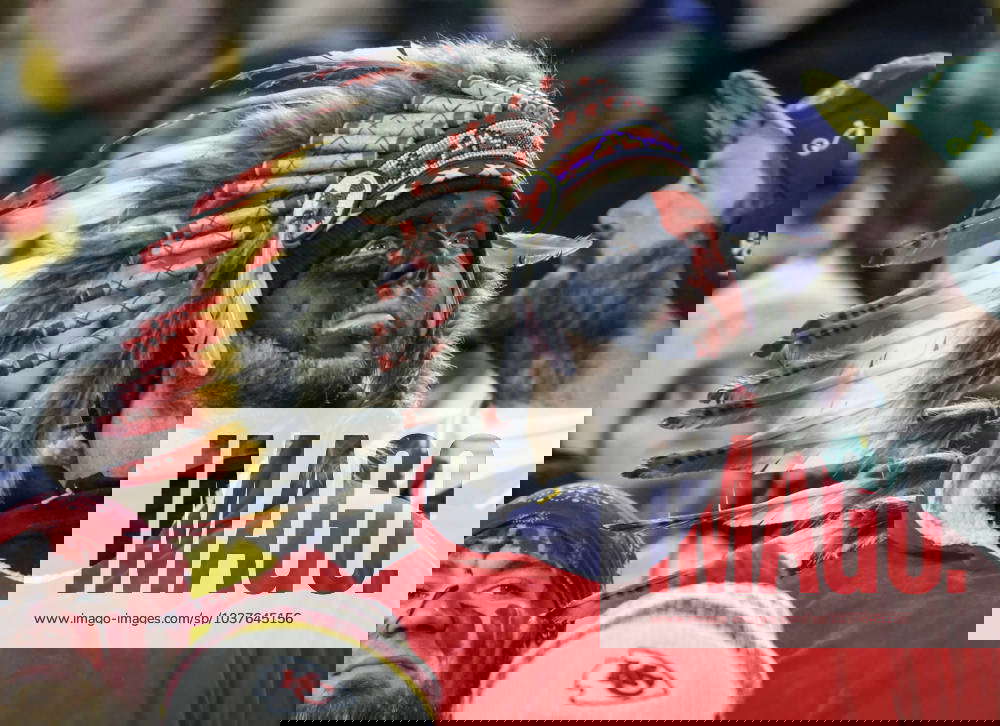 A Kansas City Chiefs fan wears an Indian war bonnet during the the NFL ...