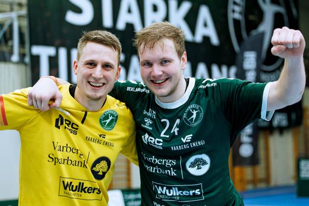Varbergs goalkeeper Carl Aronius and Filip Andersson Moberg cheer after ...