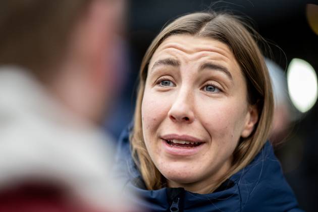 231214 Anna Lagerquist at a press event with Sweden during the IHF ...