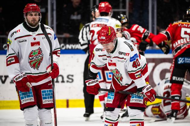 Modos David Bernhardt dips during the ice hockey match in SHL between Lulea and Modo on in
