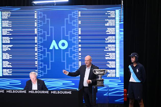 TENNIS AO DRAW, Australian Open referee Wayne McKewen (centre) draws a ...