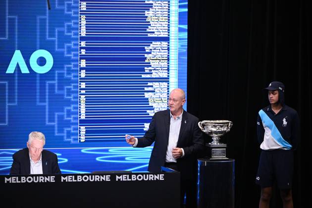 TENNIS AO DRAW, Australian Open referee Wayne McKewen (centre) draws a ...