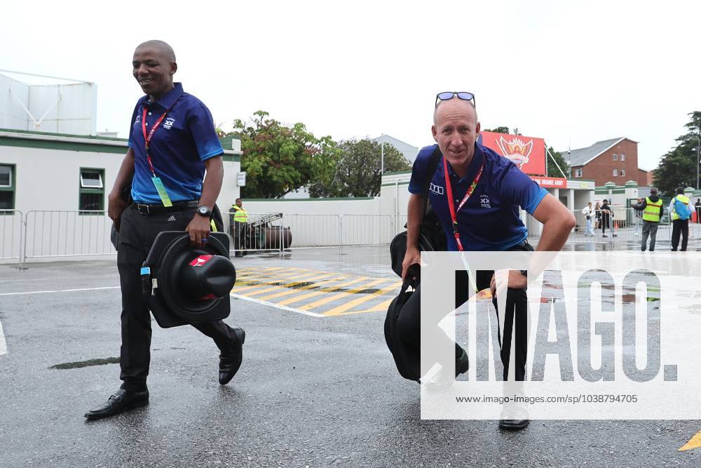 Umpires South Africa Lubabalo Gcuma and Arno Jacobs arrive at the ...