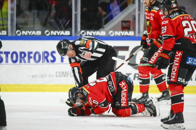 LULEA 20240125 Luleas Jack Connolly is injured during s SHL ice hockey match between Lulea HF and