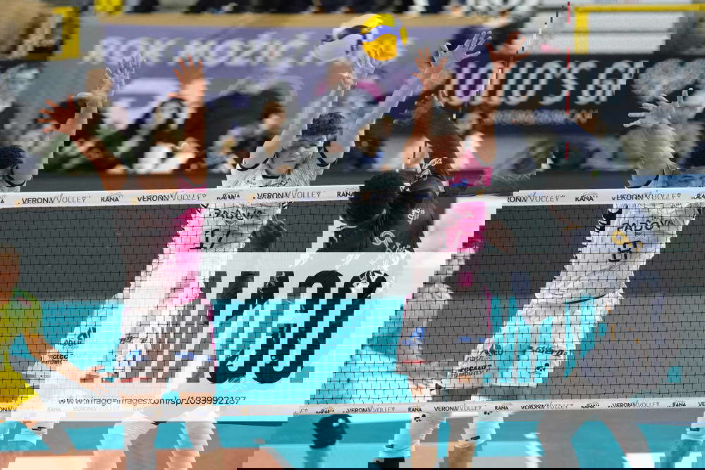 Block of Luca Porro of Pallavolo Padova during the match between Rana ...