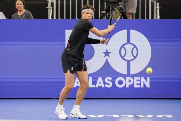 DALLAS, TX - FEBRUARY 07: Ben Shelton hits a volley during the Dallas ...